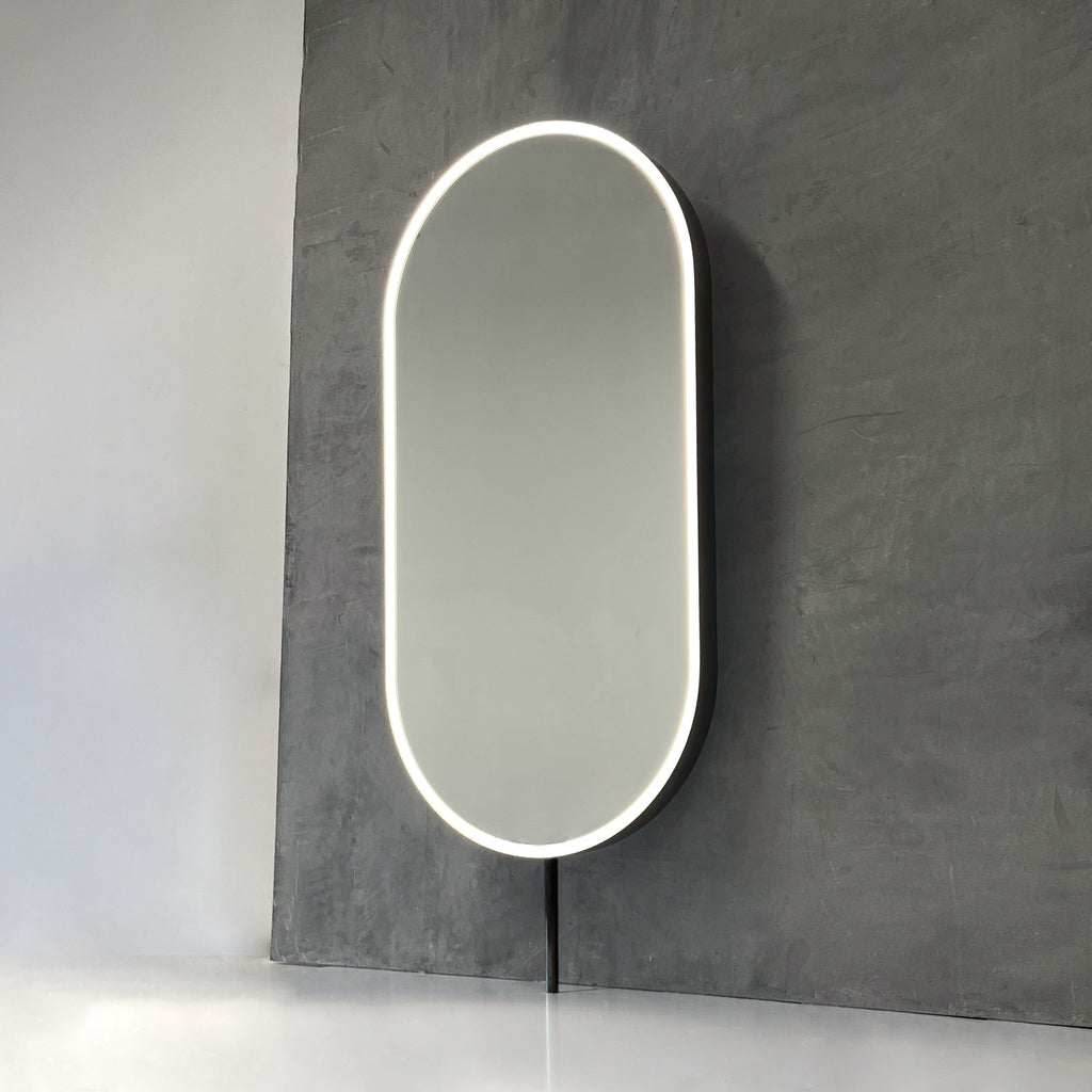 Pill shape Countertop Illuminated Mirror, Modern Blackened SS Frame ...