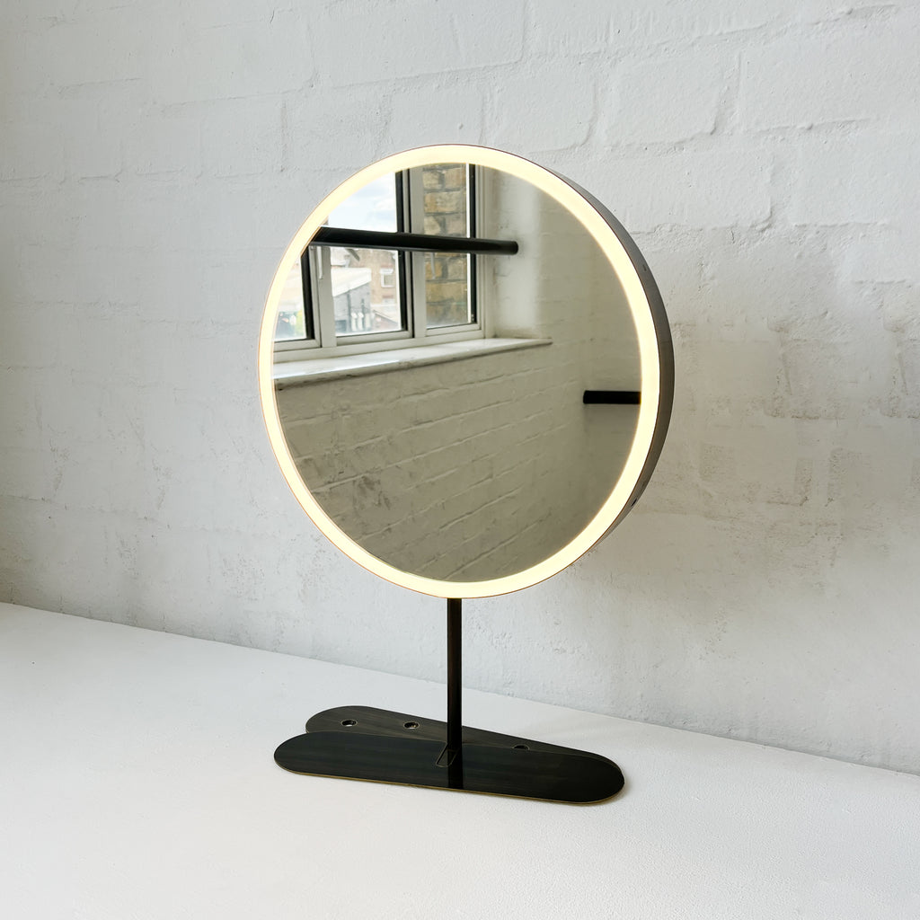 Countertop Illuminated Round Bathroom Mirror, Handcrafted Brass Frame ...