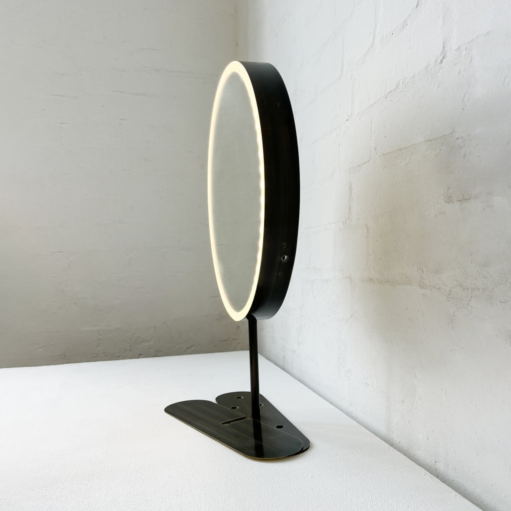 Countertop Illuminated Round Bathroom Mirror, Handcrafted Brass Frame ...