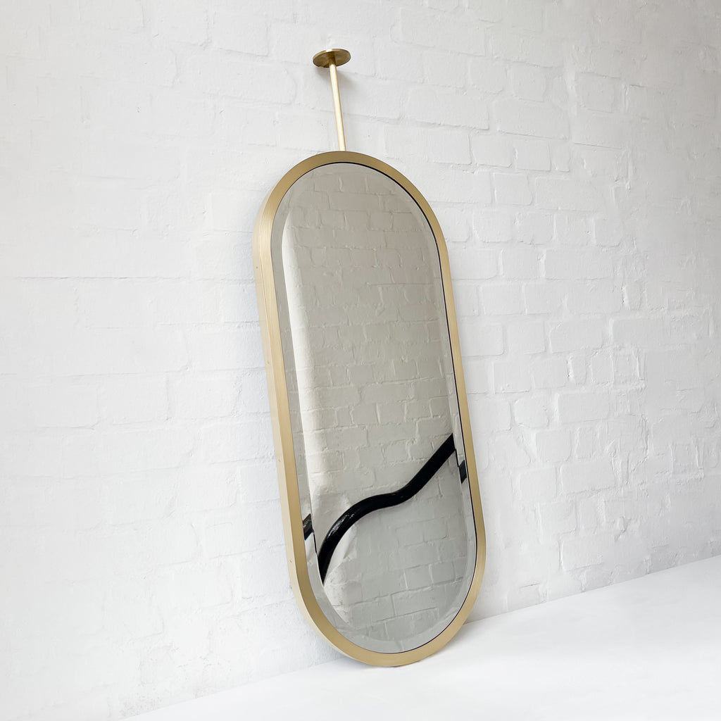 Ceiling Hanging Suspended Pill Shaped Bevelled Mirror with Brass Frame ...