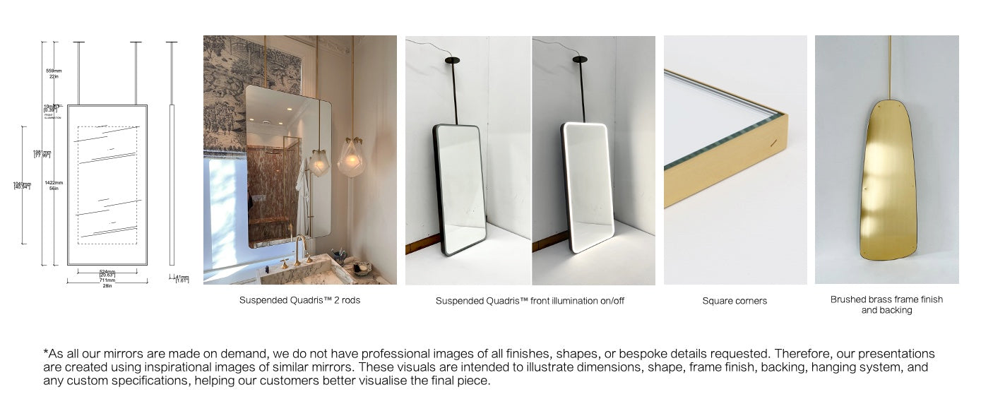 Set of 2 Ceiling Suspended Quadris™ Mirrors Square Corners Front Illum ...